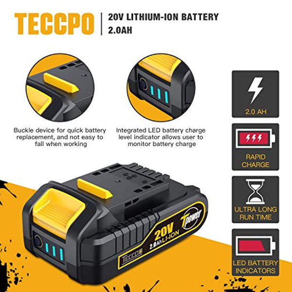 TECCPO 20V MAX 2.0 Ah Lithium Ion Battery-Pack, Rechargeable Replaceme ...